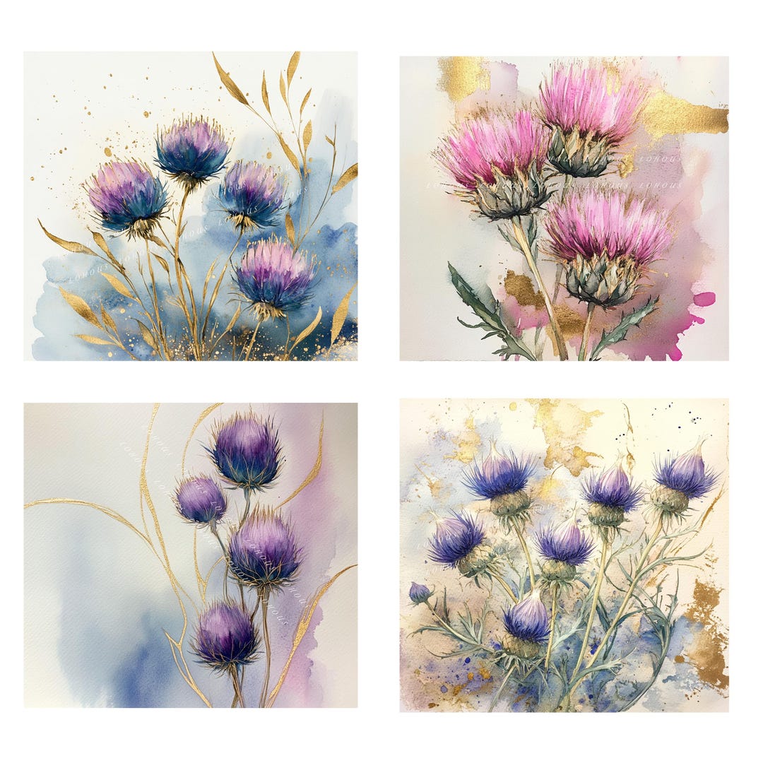 Watercolor Thistle Clipart Digital Printable, 13 Jpgs Botanical Floral ...