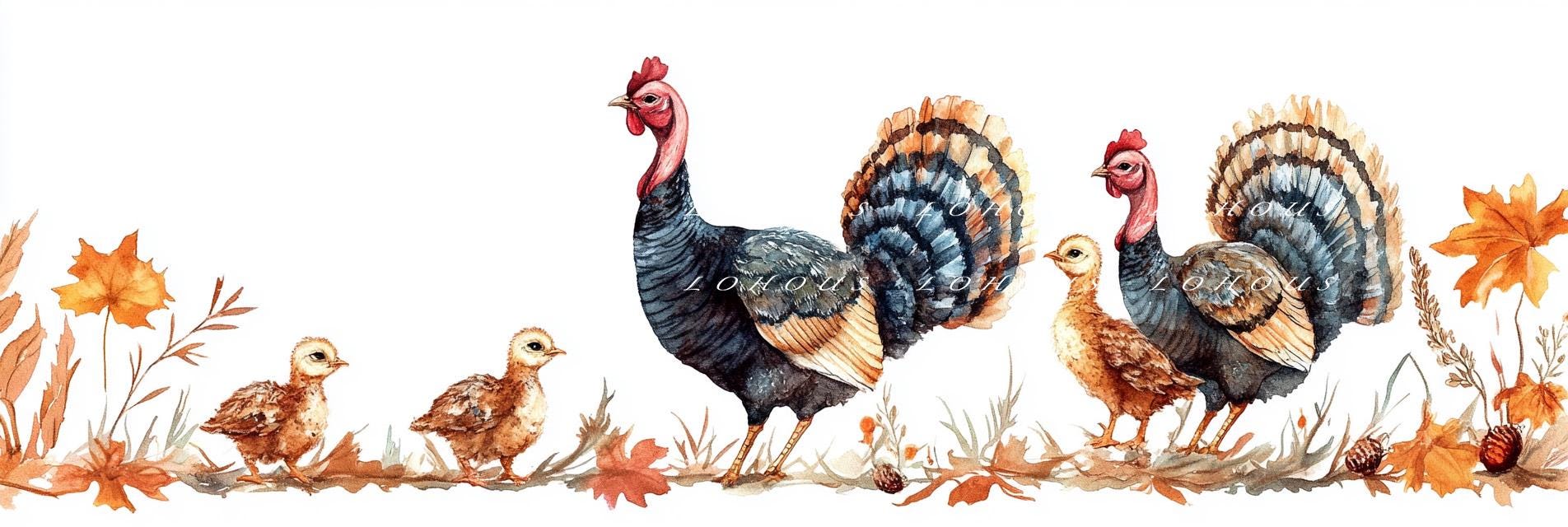 Celebration Thanksgiving Turkey Border Watercolor Clipart Digital ...