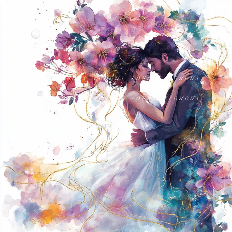 Watercolor Wedding Couple Clipart, Floral Wedding Card Design (digital ...