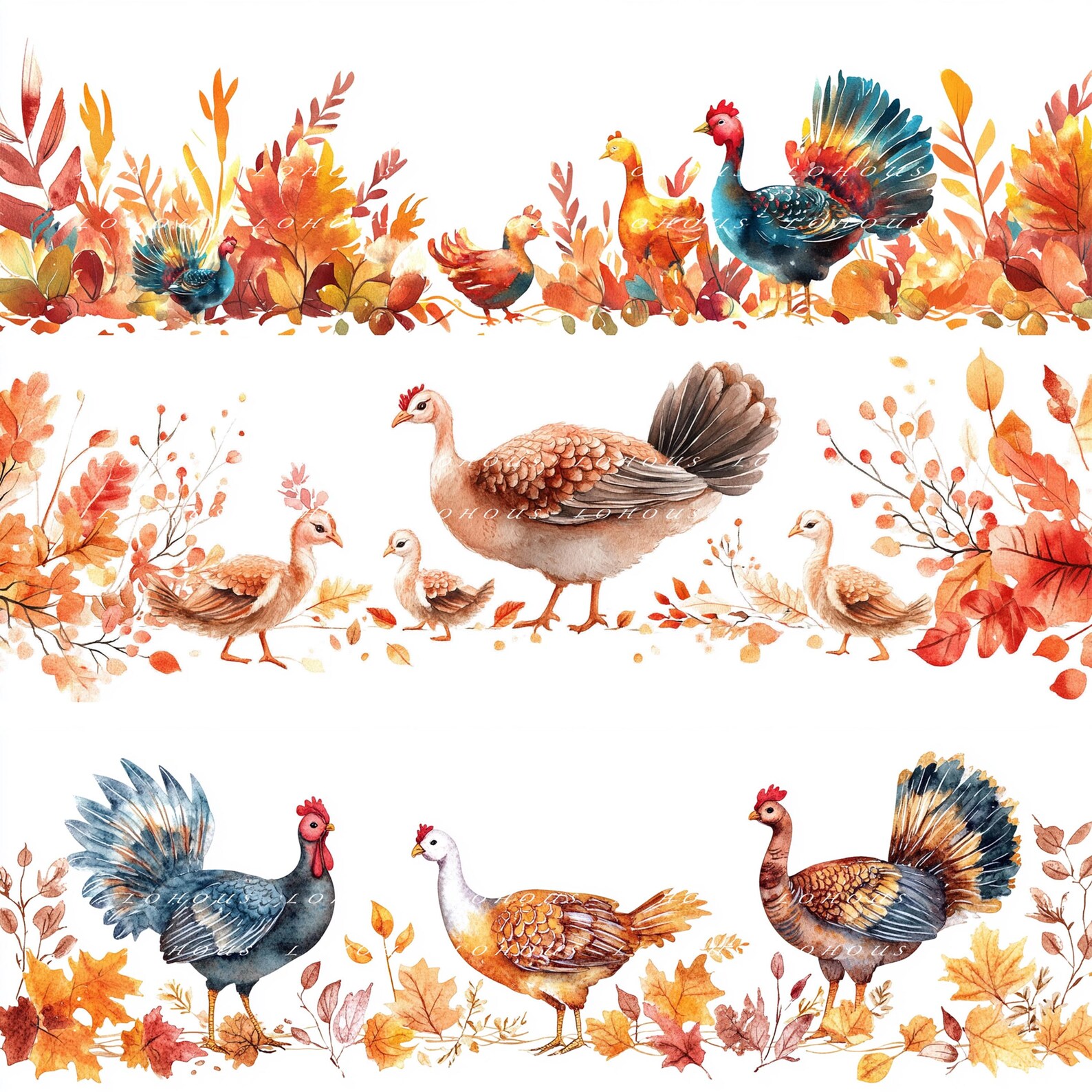Celebration Thanksgiving Turkey Border Watercolor Clipart Digital ...
