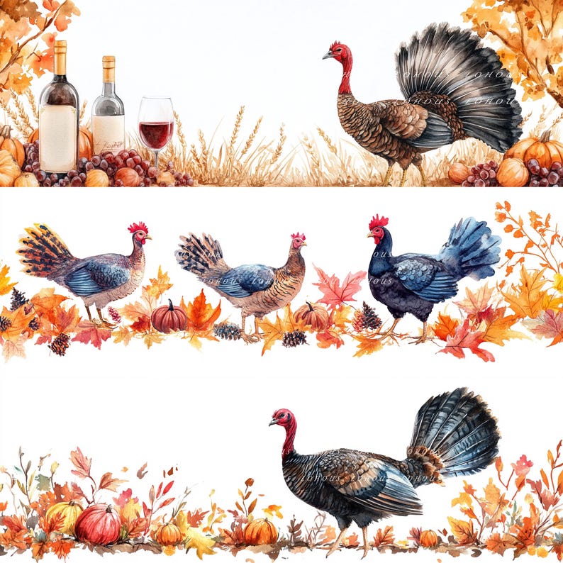 Celebration Thanksgiving Turkey Border Watercolor Clipart Digital ...