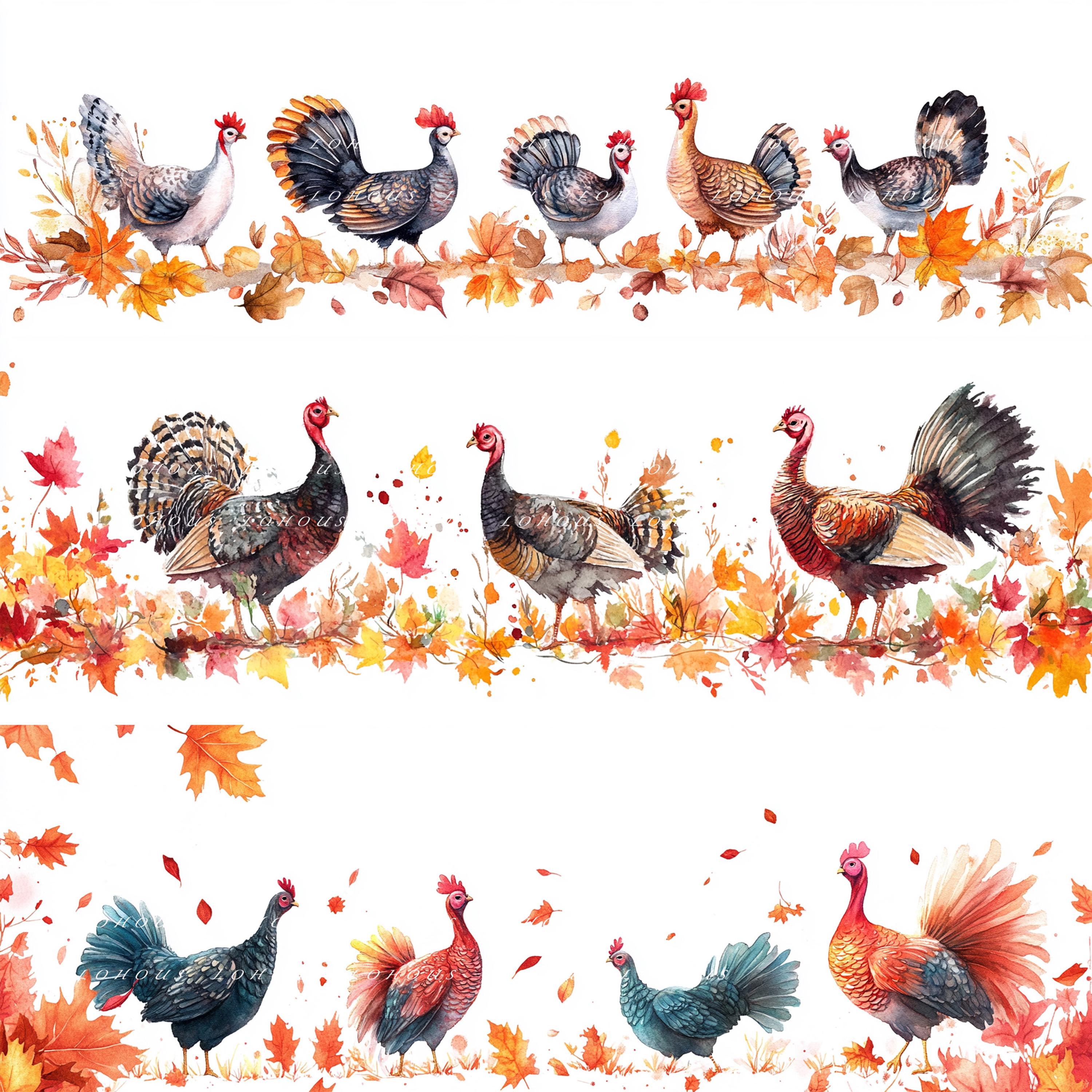 Celebration Thanksgiving Turkey Border Watercolor Clipart Digital ...