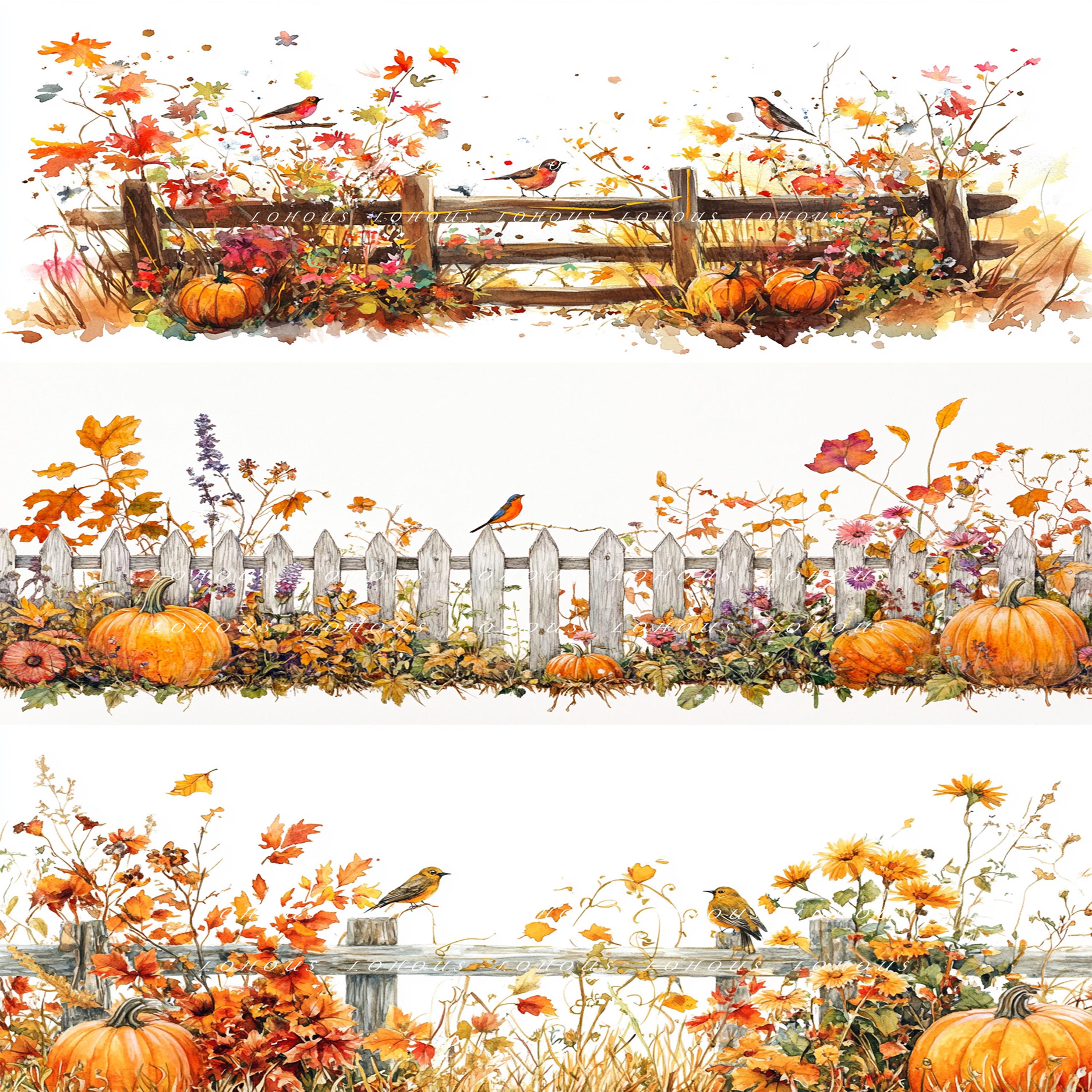 13 Jpgs Autumn Fence Border Watercolor Digital Clipart, Halloween ...