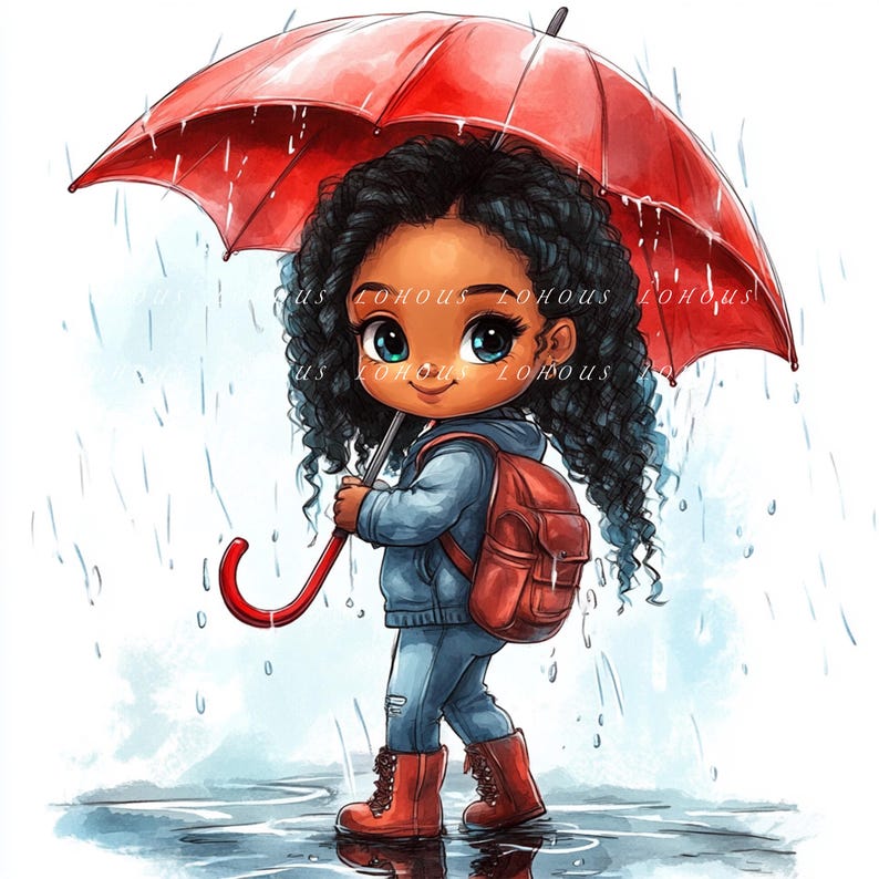 Chibi African American Girl With Umbrella Clipart, Rainy Day (digital ...