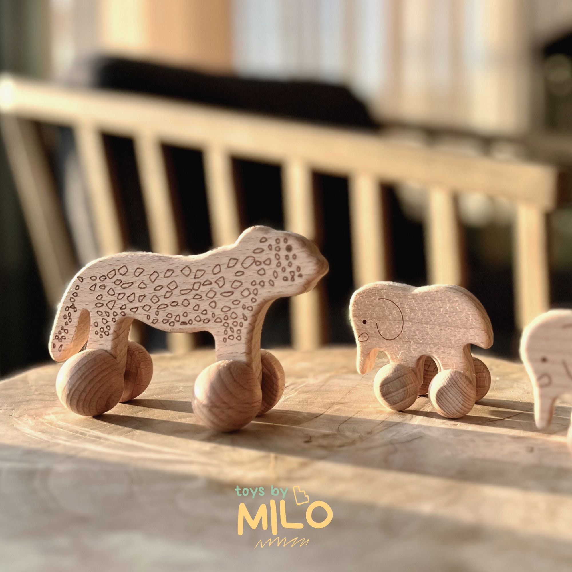 Organic Elephant Wooden Tiger Push Toy: Montessori Waldorf Pull Toy ...