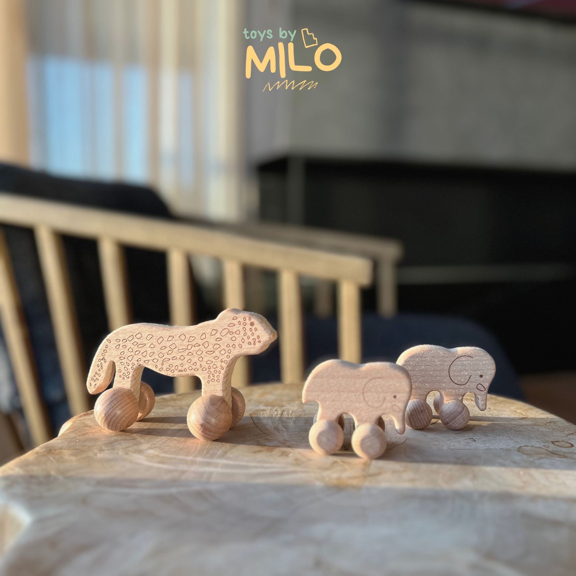 Organic Elephant Wooden Tiger Push Toy: Montessori Waldorf Pull Toy ...