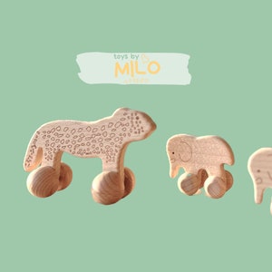 Organic Elephant Wooden Tiger Push Toy: Montessori Waldorf Pull Toy ...