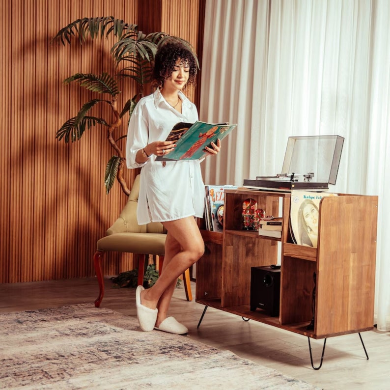 Large Record Player Stand, Mcm Turntable Stand, Solid Wood Vinyl Record ...