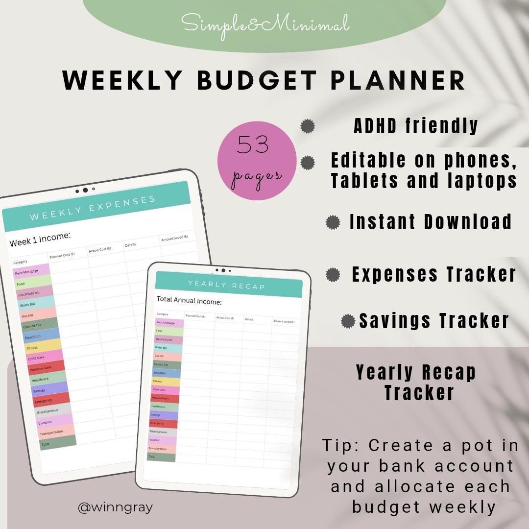 ADHD Friendly Weekly Budget Planner | Simple Expense Tracker ...