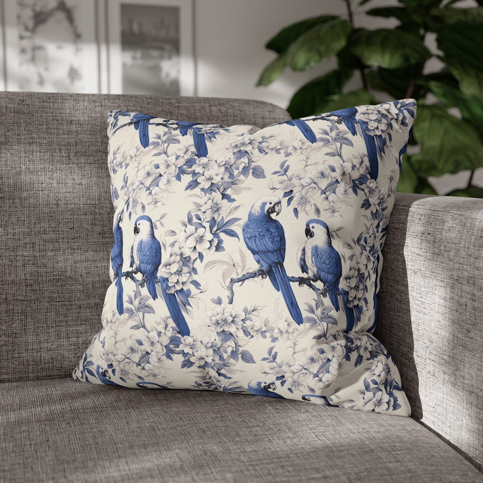 French Toile Blue Parrots Style Pattern Print Cottagecore / Countrycore ...