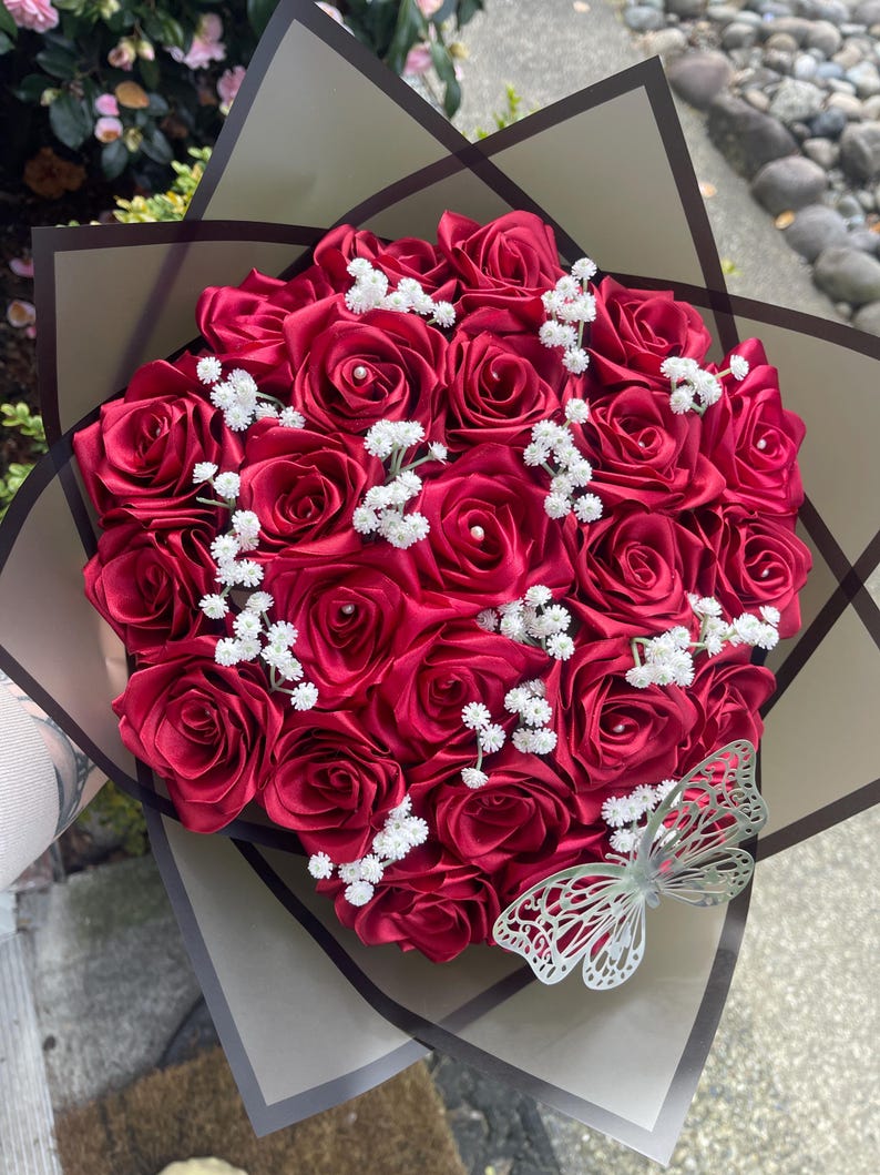 24 Silk Ribbon Roses Bouquet, Custom Anniversary Flowers, Forever Roses ...