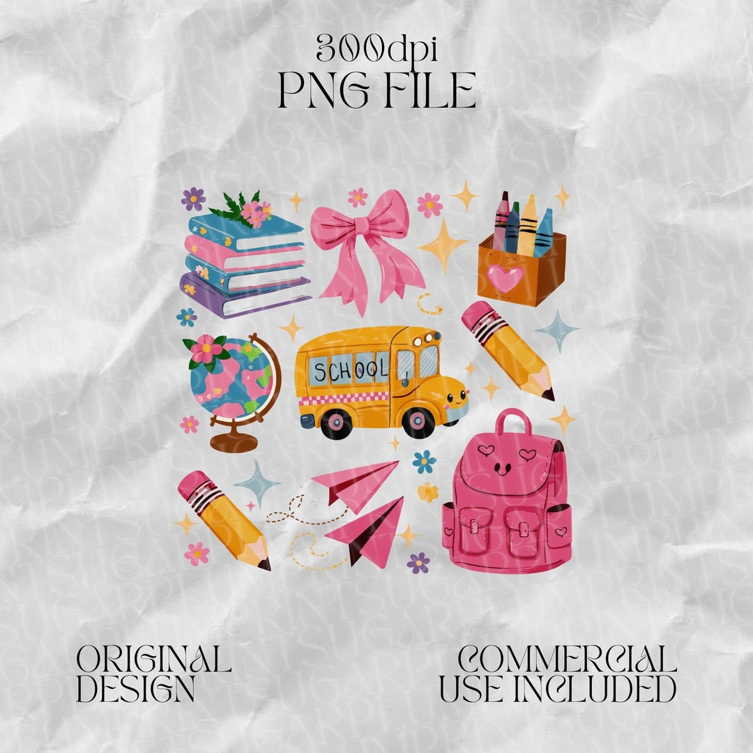 Coquette Back to School PNG Design Download, School Bus, Books, Flowers ...