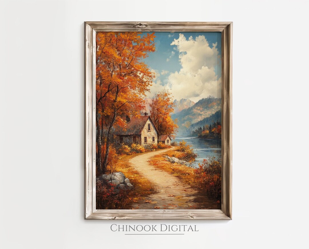 Printable Autumn Country Cottage Oil Painting, Antique Landscape Art ...