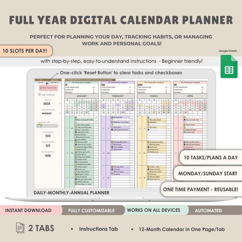 One Page Calendar Planner | Full Year Productivity Spreadsheet | 10 ...