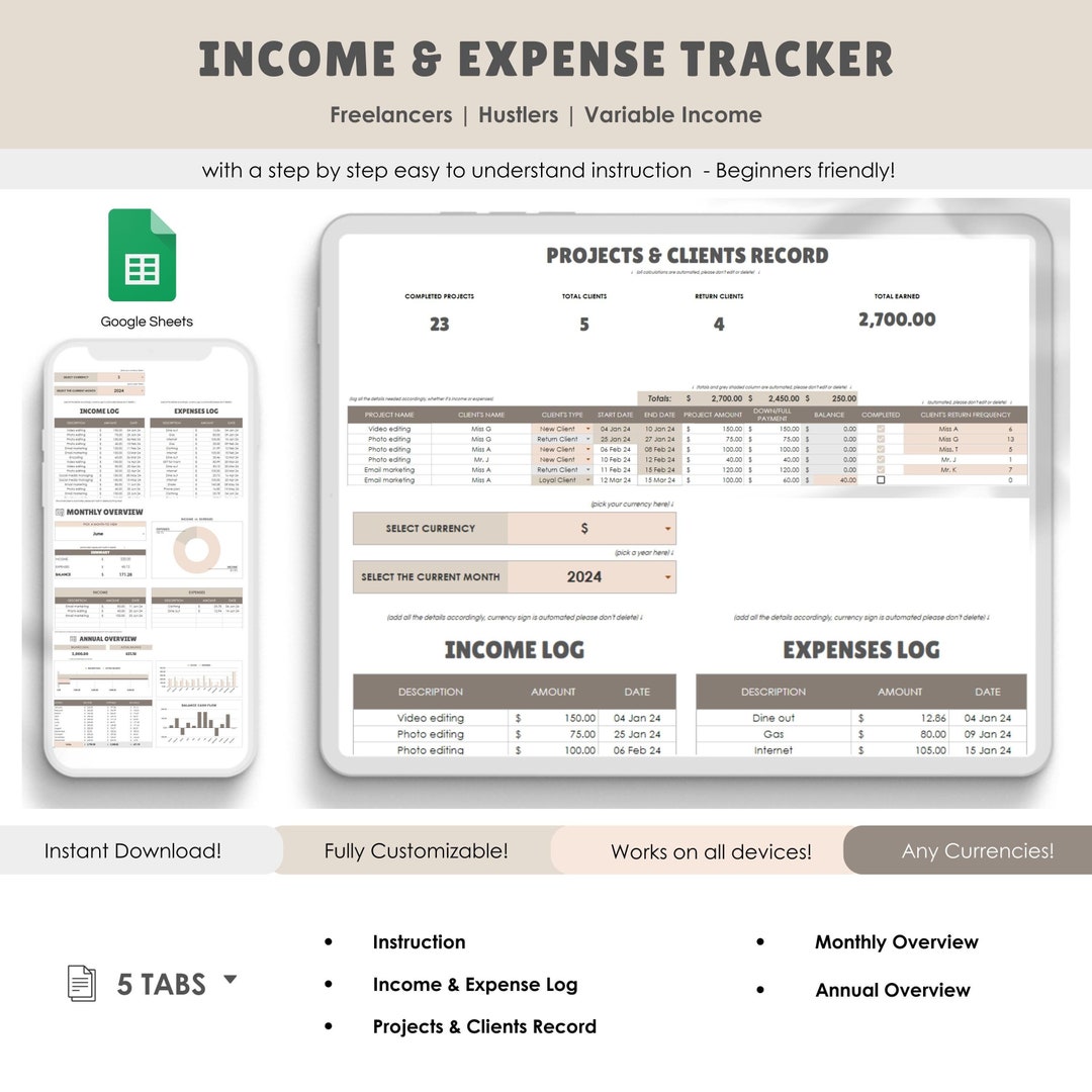Freelancers Income & Expense Tracker | Variable Income Tracker | Client ...