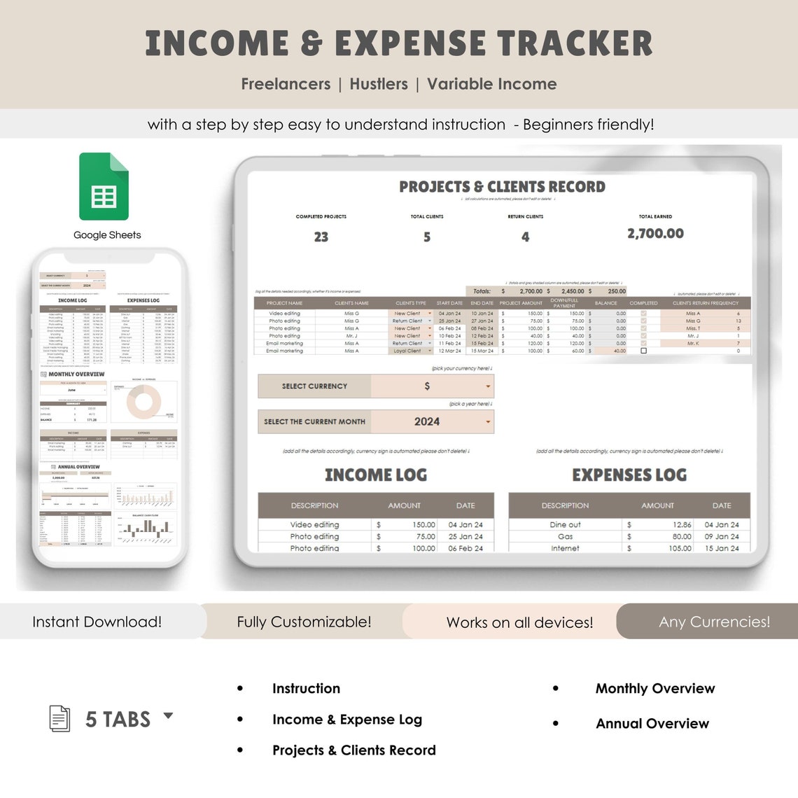Freelancers Income & Expense Tracker | Variable Income Tracker | Client ...