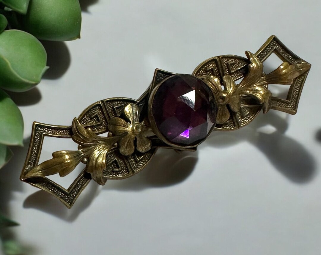 Beautiful Antique Victorian Floral Art Neveau Gilt Brass Amethyst Glass ...