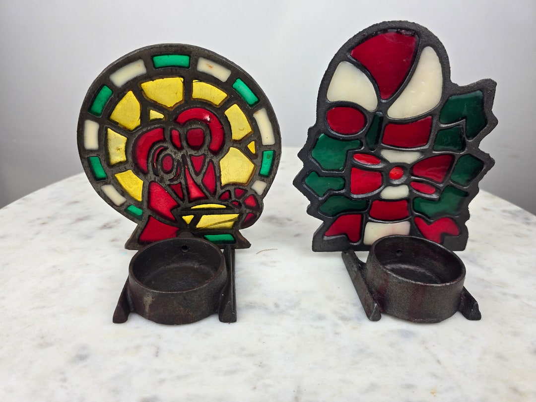 Stained Glass Metal Nativity and Candy Cane Vintage Christmas Candle ...