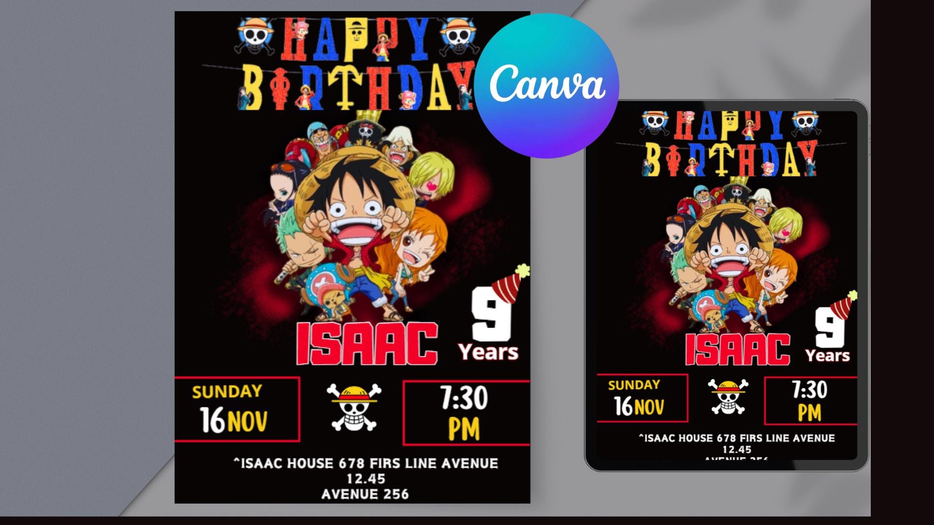 Plantilla de invitación de One Piece, invitación editable, invitaciones ...