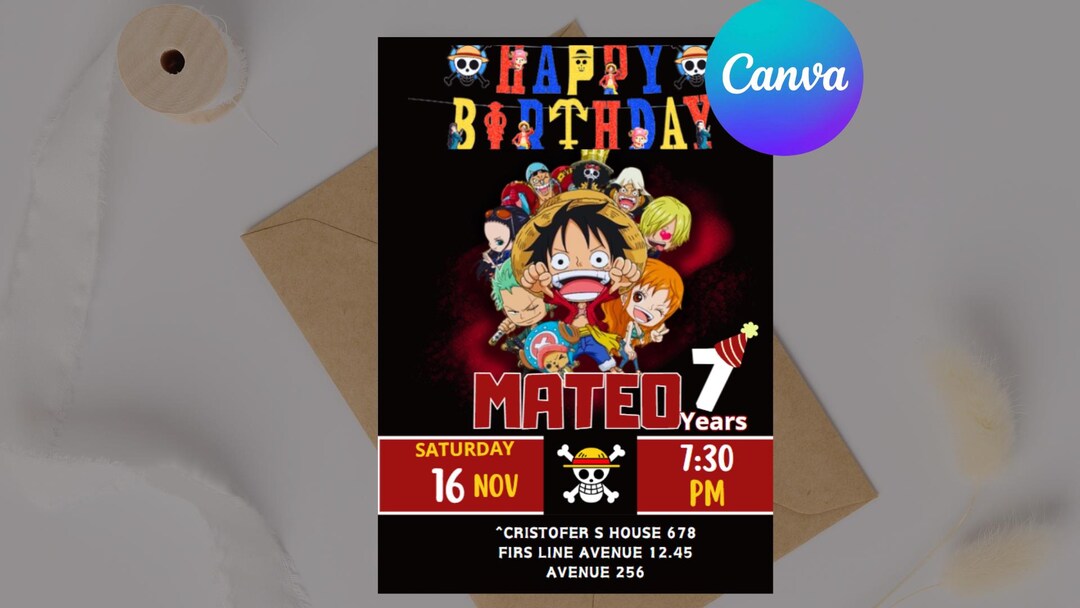 One Piece Invitation Template, Editable Invitation, Digital Birthday ...