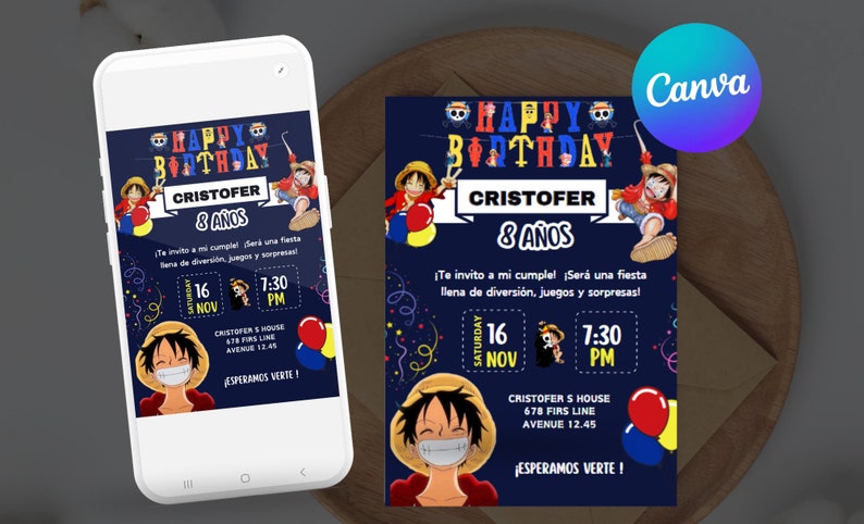 Luffy One Piece Invitation Template, Editable Invitation, Digital ...