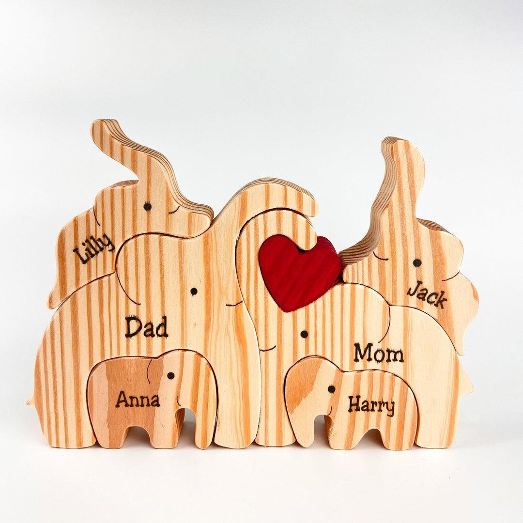 Makezbright Wooden Carved Elephant Puzzles, All Family Members Together ...