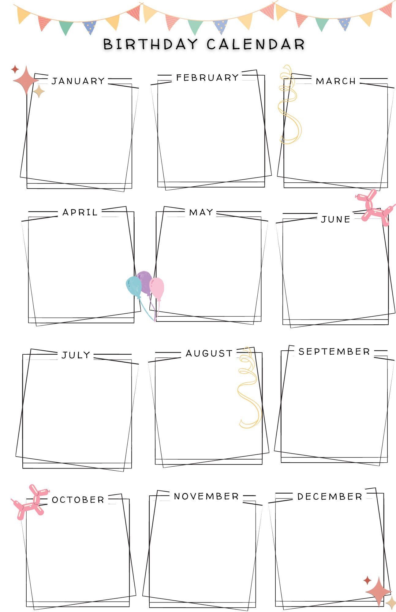 Birthday Calendar Tracker Cute Colorful Template Planner Insert List of ...