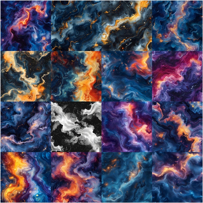 Colorful Galactic Ink Drop Marble Patterns Bundle: 40 Seamless Designs ...