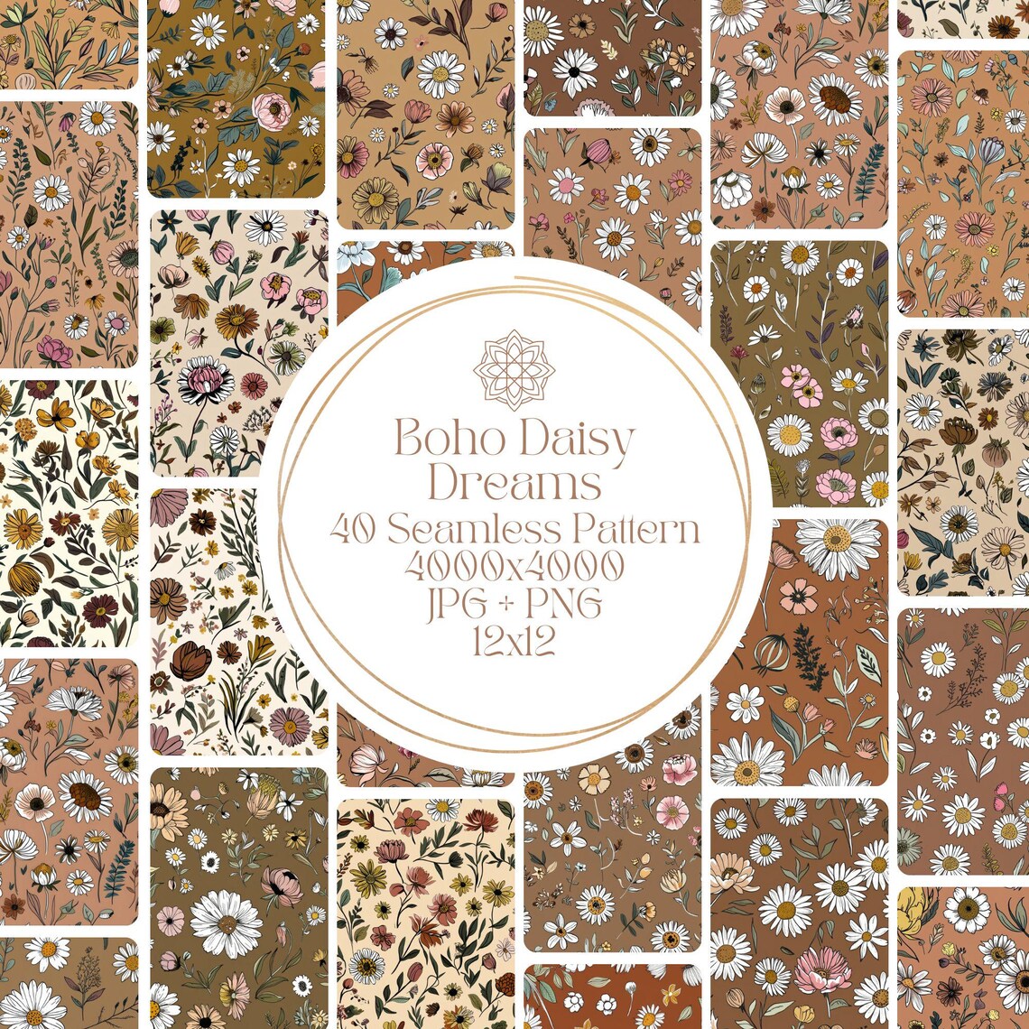 Boho Daisy Dreams Seamless Pattern: Whimsical Wildflower Digital ...