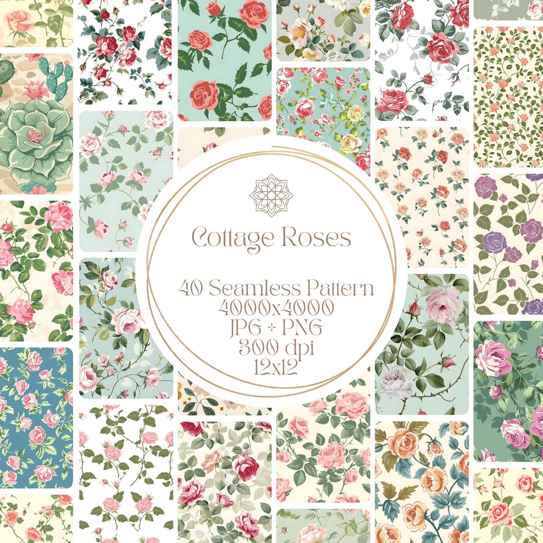 Vintage Cottage Roses Digital Paper: Shabby Chic Seamless Patterns (JPG ...