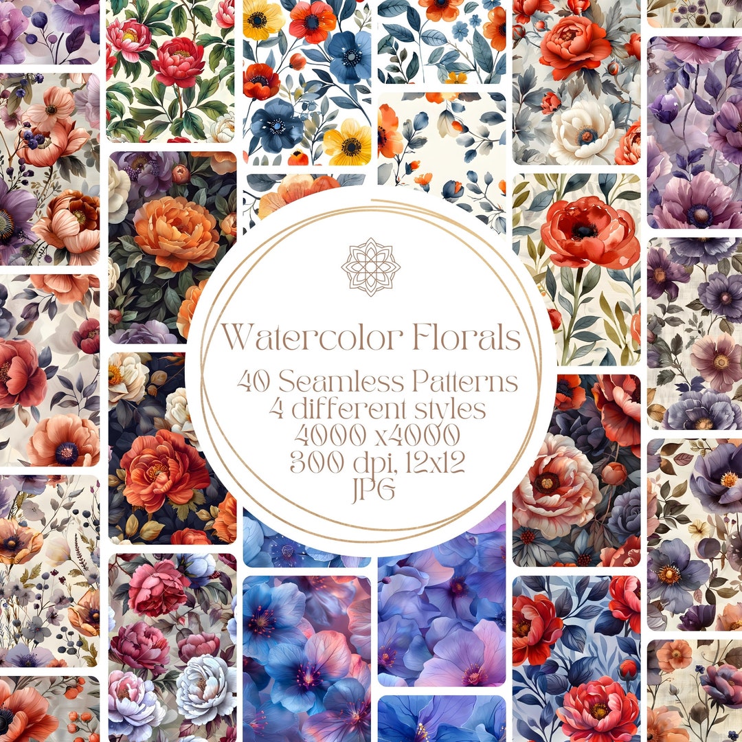 40 Watercolor Florals Seamless Pattern in 4 Styles, Digital Download ...