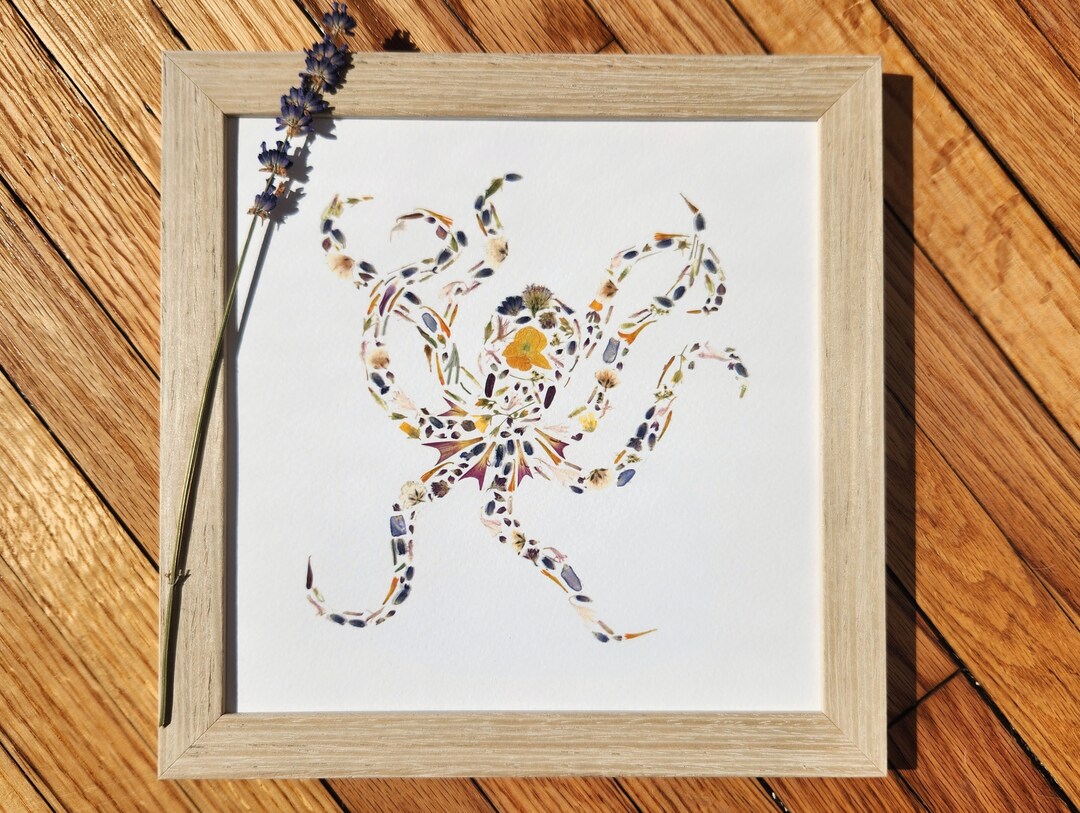 Floral Octopus Art Print: Pressed Flower Design Reproduction (8x8 ...