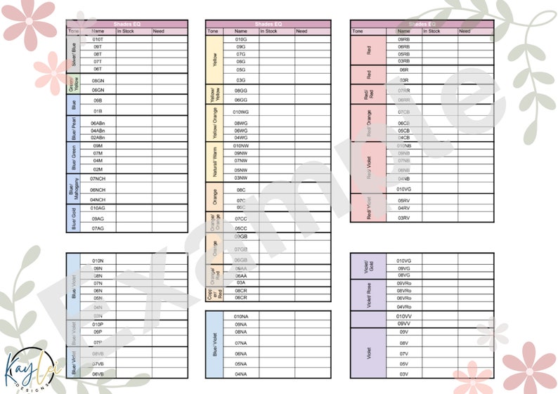 Shades E Q Inventory Sheet (printable) - Etsy
