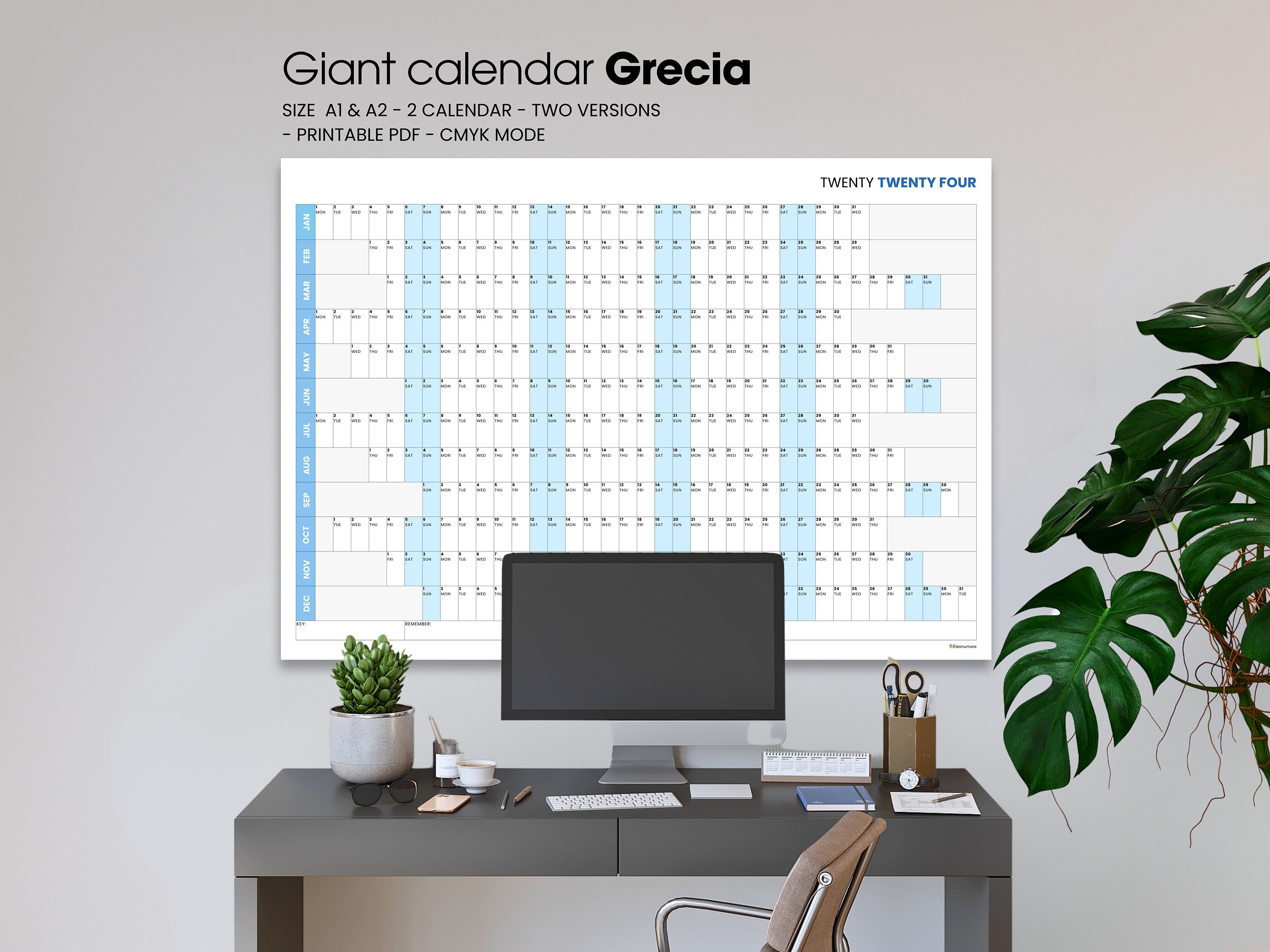 PRINTABLE Horizontal Calendar 2024 2024 Wall Planner A1 & A2 Format ...