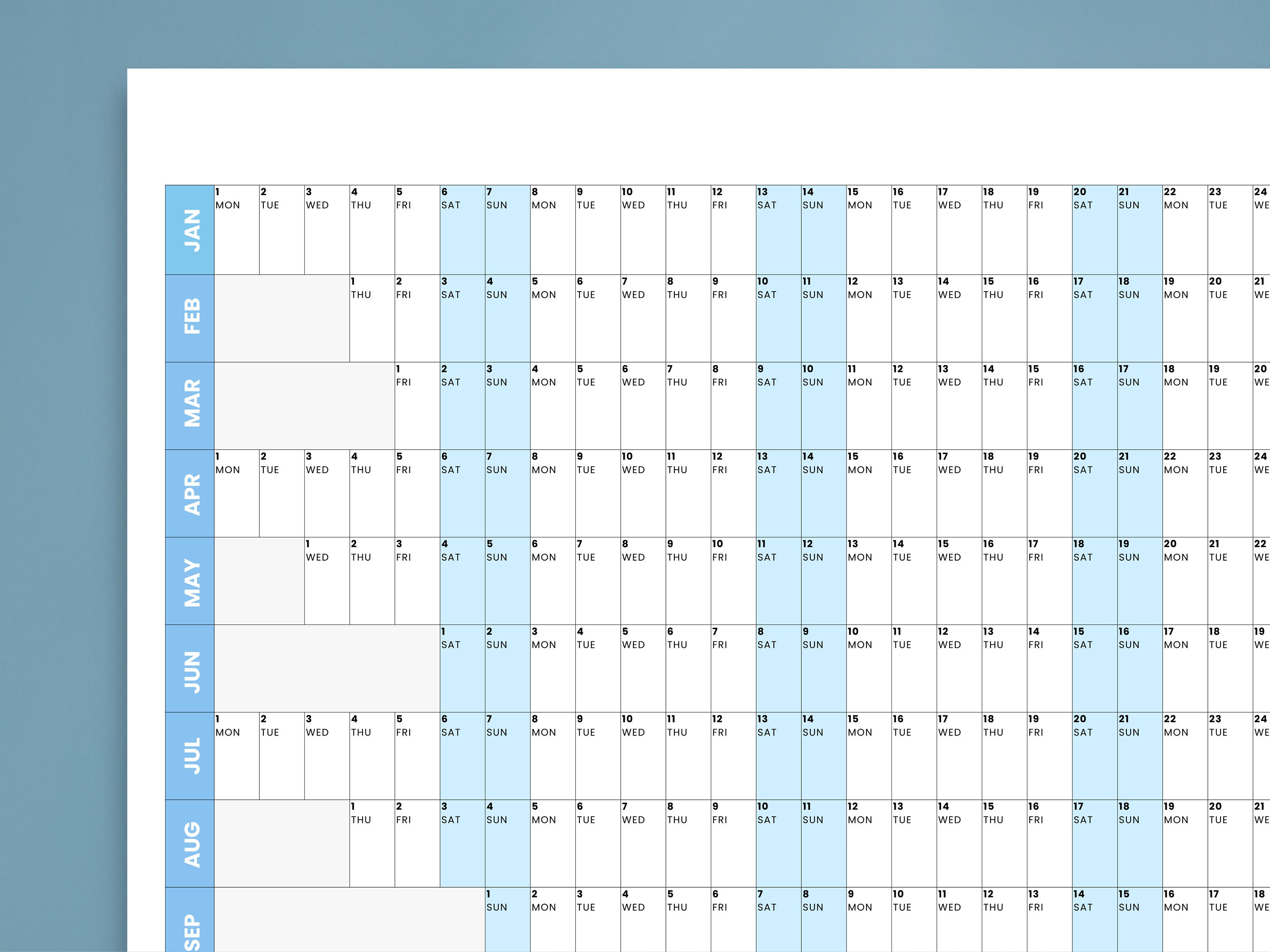 PRINTABLE Horizontal Calendar 2024 2024 Wall Planner A1 & A2 Format ...
