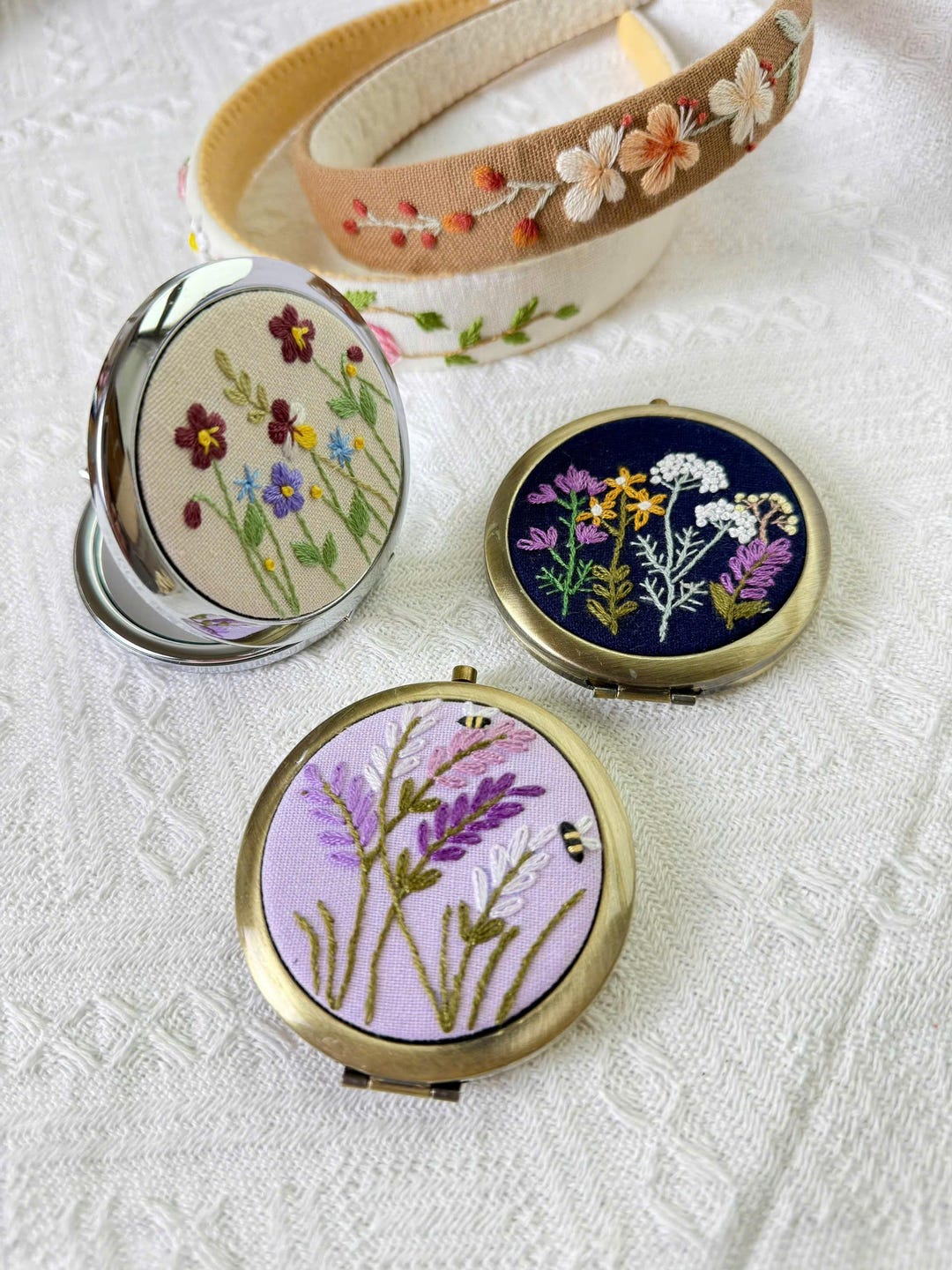 Floral Embroidered Pocket Mirror, Vintage Mirror, Hand Mirror, Makeup ...