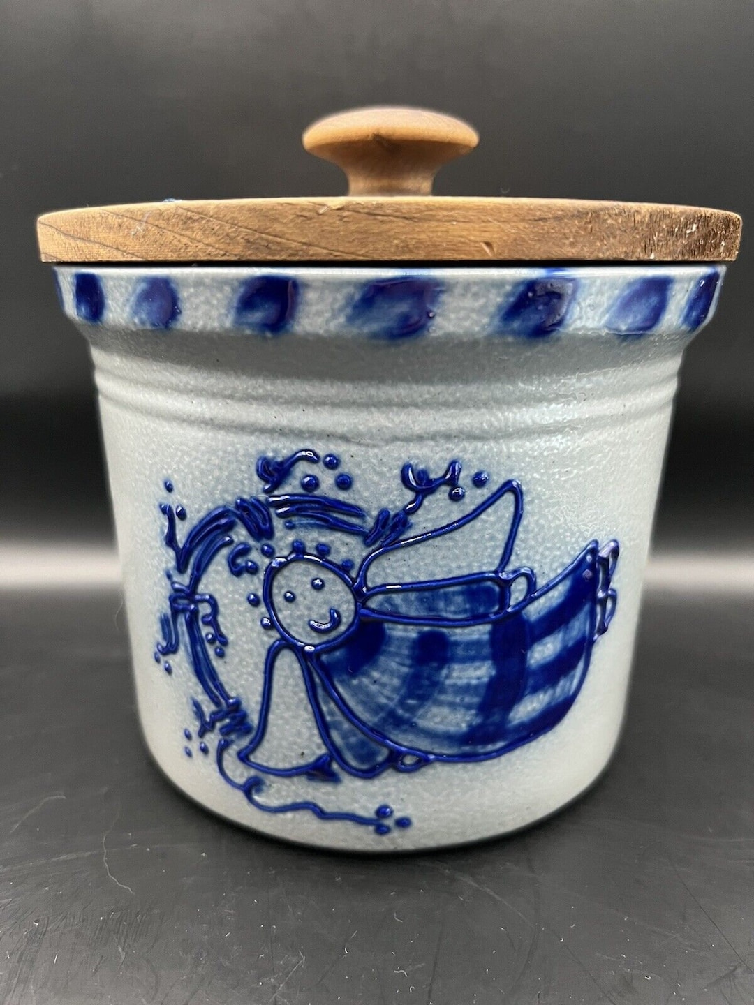 David Eldreth Pottery Crock Angel Salt Glazed Wood Lid Nottingham PA ...