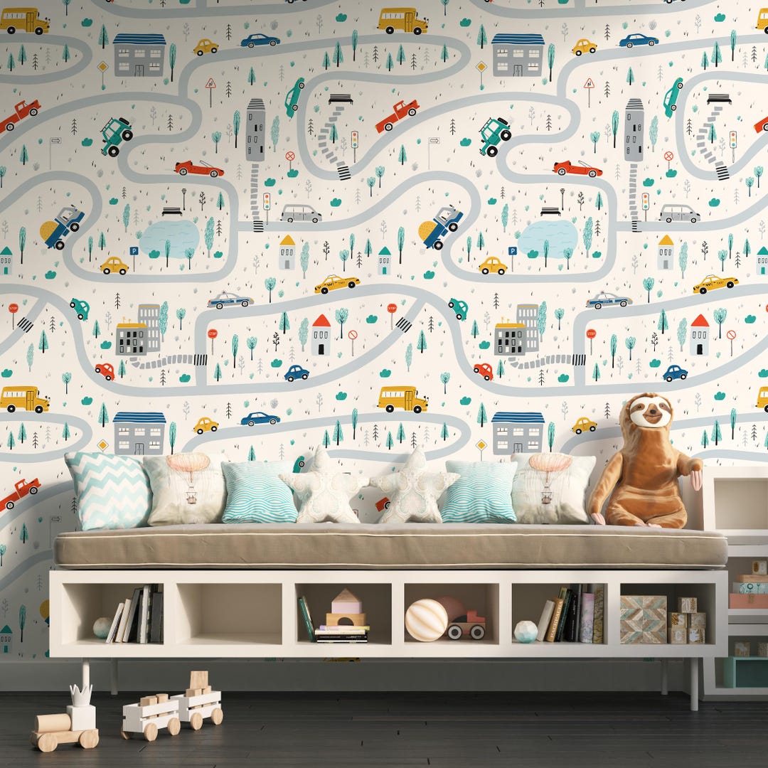 Vehicle Road Wallpaper, Car Wallpaper for Kids Room Colorful Wallpaper ...