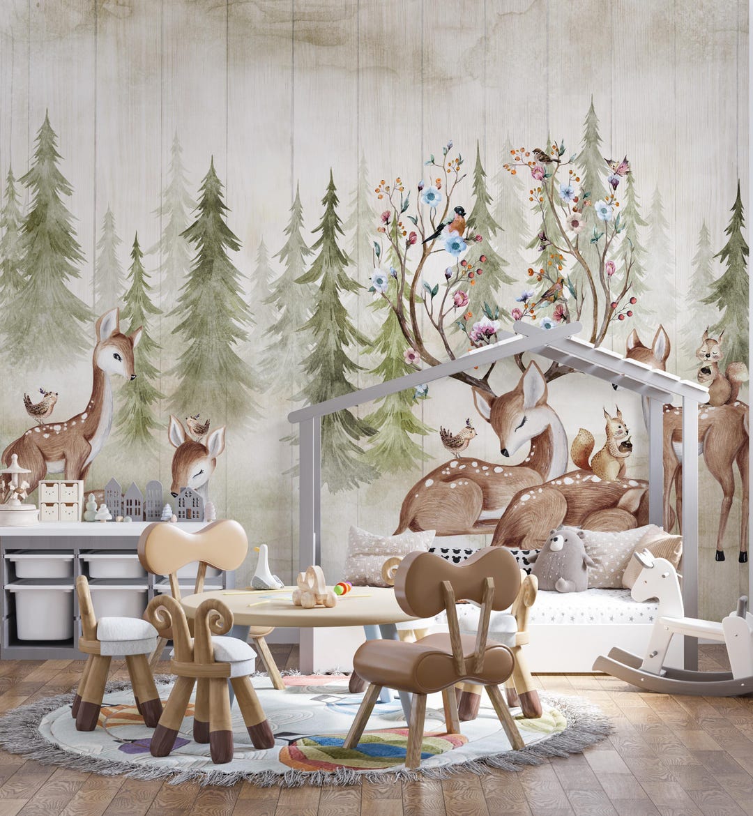Treehouse Forest Wallpaper, Cute Forest Animals Wall Mural, Deer ...