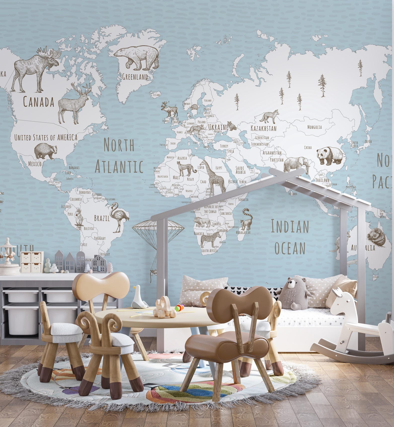 Nursery World Map Wallpaper, Educational World Map Mural, World Map for ...