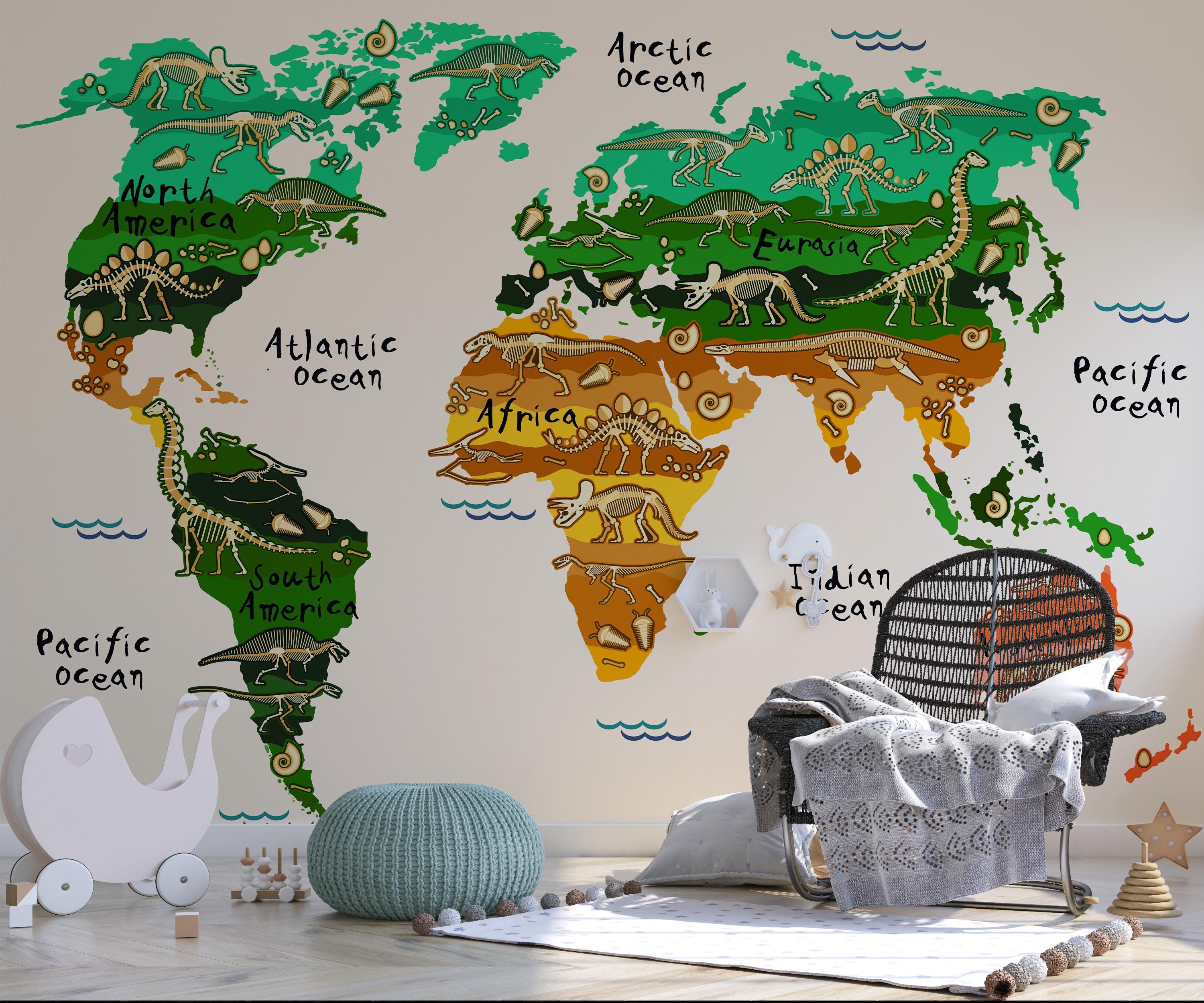 Dinosaurs World Map Wallpaper for Boy Nursery Removable, Jurassic World ...