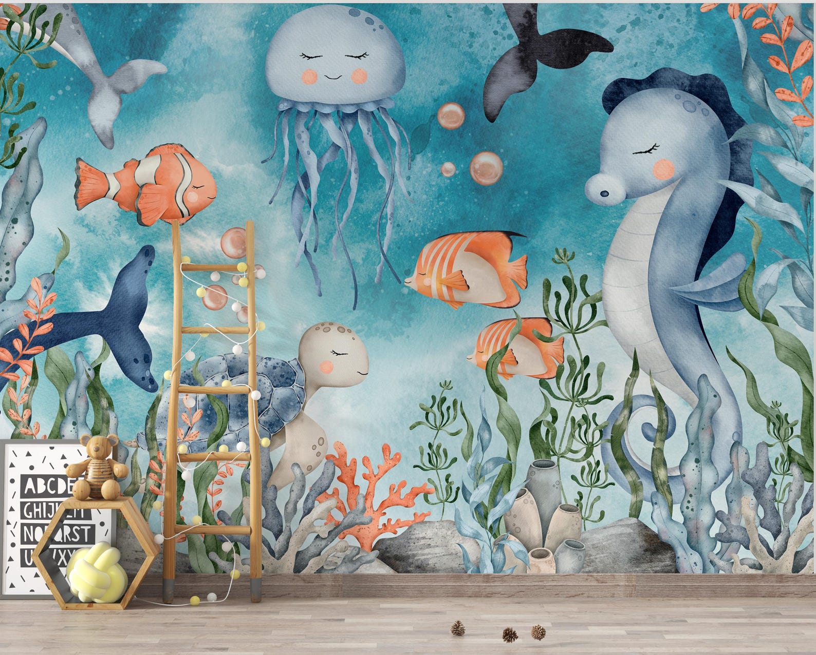 Watercolor Sea World Wall Mural, Ocean Fish Whale Turtle Shark ...