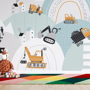 Nursery Construction Wallpaper for Boys, Watercolor Trucks and ...
