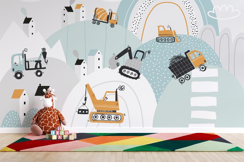 Nursery Construction Wallpaper for Boys, Watercolor Trucks and ...
