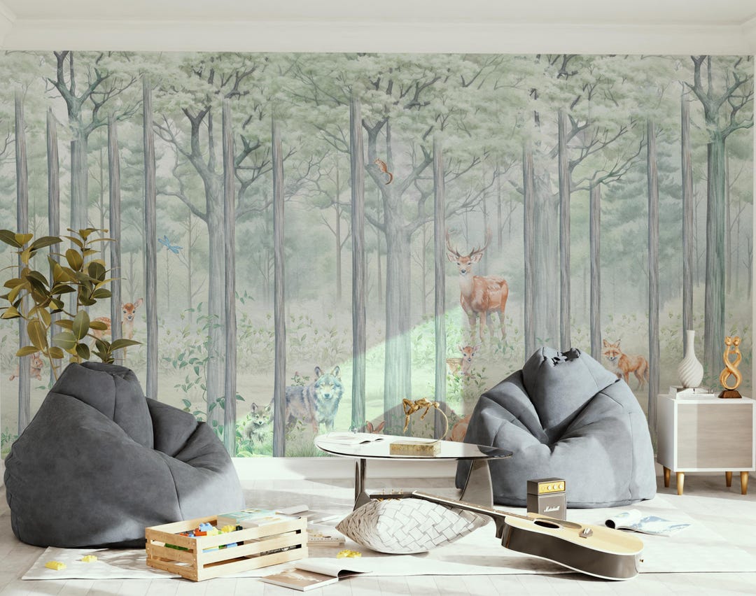 Woodland Animals Wallpaper Mural, Peel and Stick, Removable Forest ...