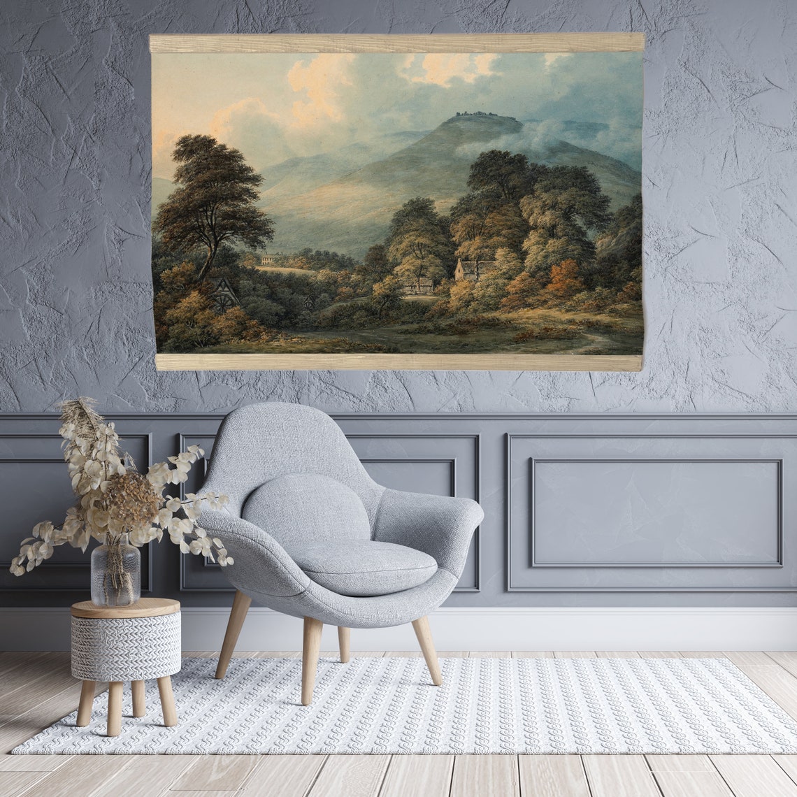 Landscape Print Tapestry, Victorian Retro Canvas Wall Art, Green Nature ...