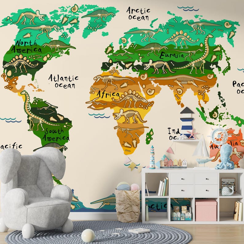 Dinosaurs World Map Wallpaper for Boy Nursery Removable, Jurassic World ...