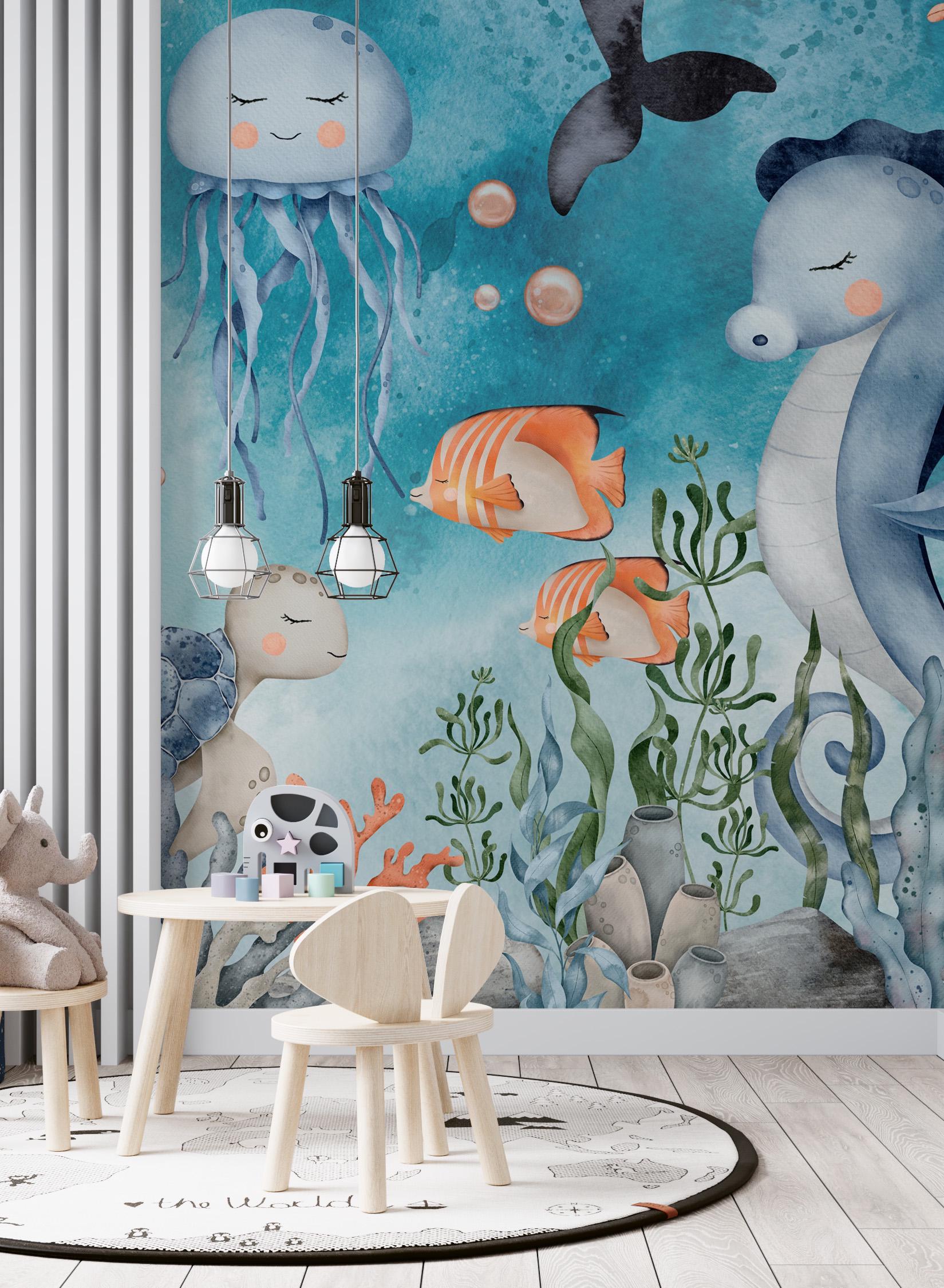 Watercolor Sea World Wall Mural, Ocean Fish Whale Turtle Shark ...