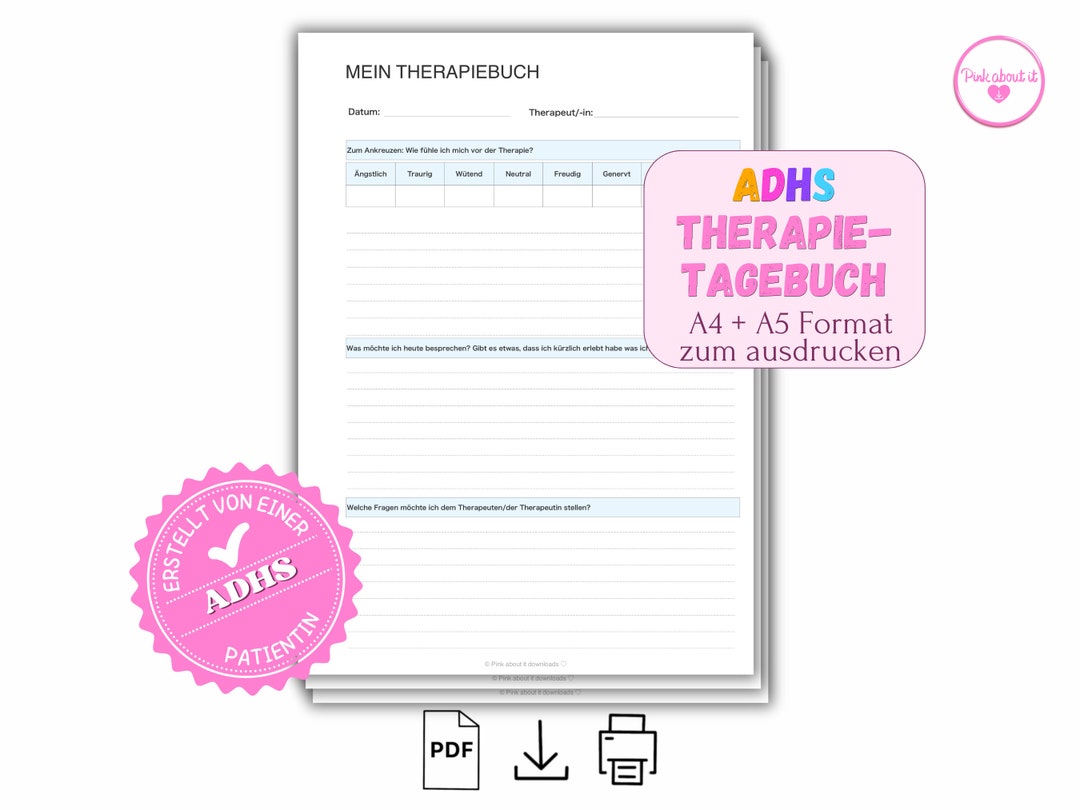 ADHD Therapy Diary, Journal, Digital Download, German, Blue, A4 and A5 ...