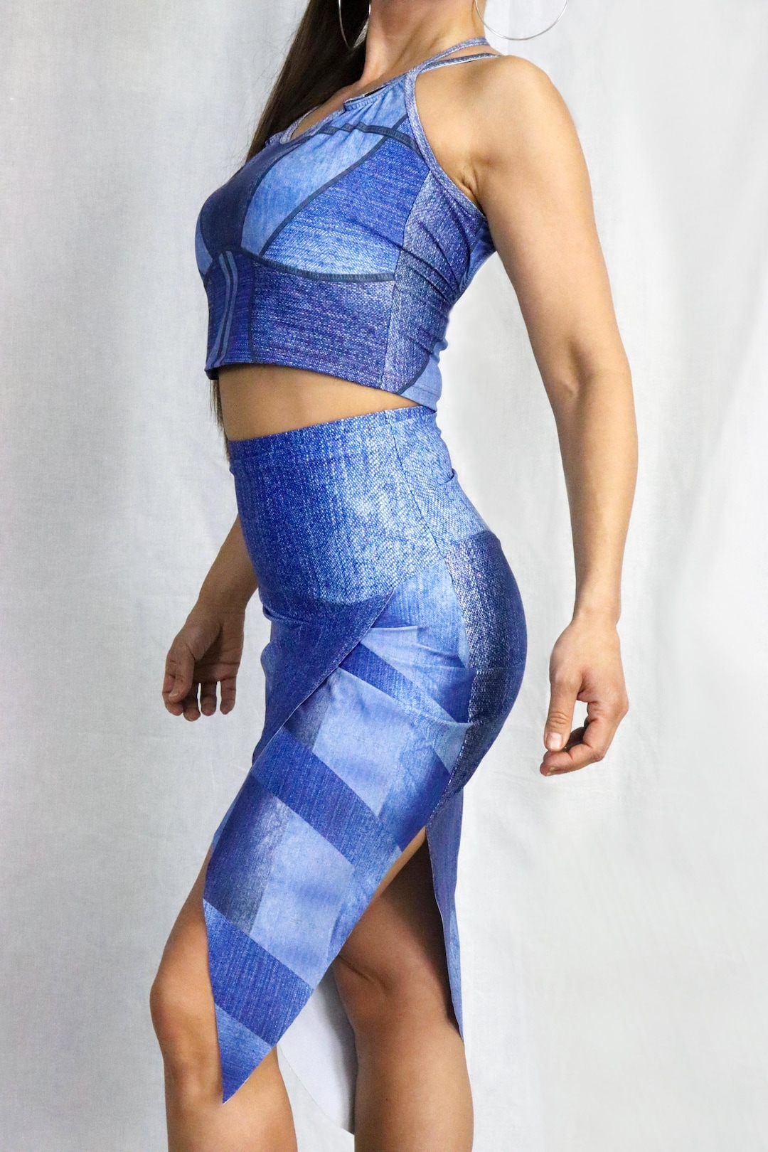 Top and Skirt Set in 3D Denim Print / Party Outfit Patched Denim Print ...